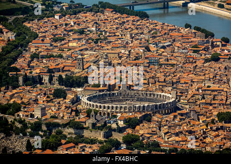 Aerial view, historic city of Arles on the Rhone, downtown Arles the ...