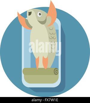 Cartoon drawing of tinned fish. Open and closed can of sardines or ...