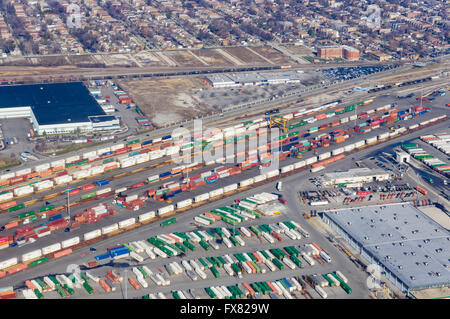 Aerial view of Chicago rail terminal with containers and trucks being ...