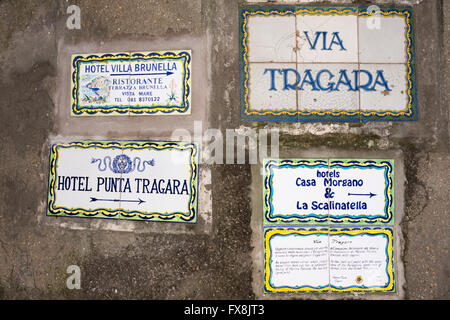 Hand painted ceramic street signs and advertising in Capri Stock Photo ...