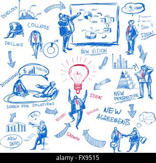 Doodle business team icon set. Doodle teamwork people community, office ...
