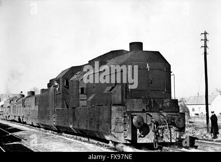 This historical image depicts a German Panzerzug (armored train) used ...