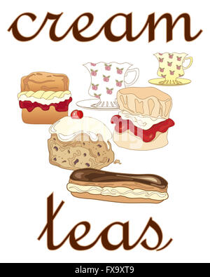an illustration of an afternoon tea advert with crockery and cakes on a ...