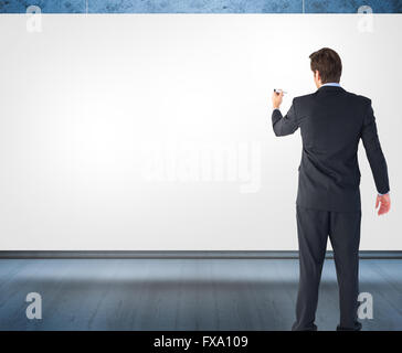 Composite image of businessman standing back to camera hands on head ...