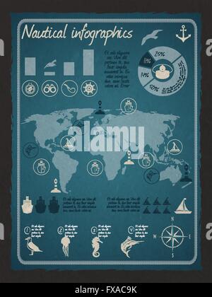Nautical sea travel infographics set with world map and marine design ...