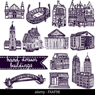 Cinema building hand drawn icons set. Movie theatre. Color brush stroke ...