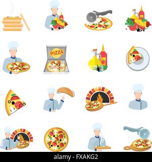 Fast food pizza maker perfect service fresh ingredients flat icons set ...