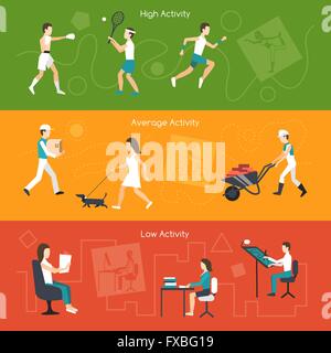 High average and low physical activity level horizontal banners set ...