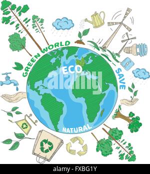 Doodle colored ecology and environment icons composed in circle shape ...