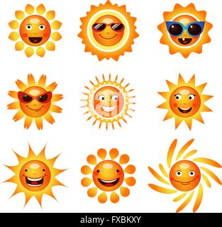 Smiling glossy Sun with rays isolated on white background. Vector ...