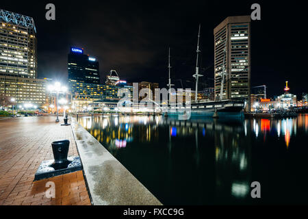 Waterfront buildings at night in the Inner Harbor, Baltimore, Maryland ...