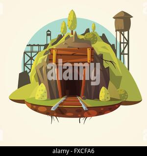 Cartoon mine entrance. Retro tunnel. Old mine in desert. Flat vector ...