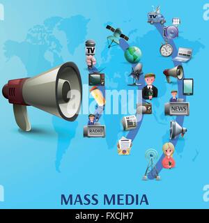 TV presenter poster. Man and woman near huge microphone. Mass media and ...