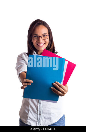 student girl really happy for good grades on white background Stock ...