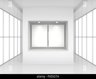 Exhibit Showcases with blank paper poster and light bulbs in interior ...