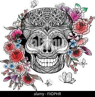 mexican sugar skull with flowers and design elements isolated on white ...