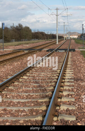 Edinburgh tramlines track, rail section towards Arthur's Seat, with ...