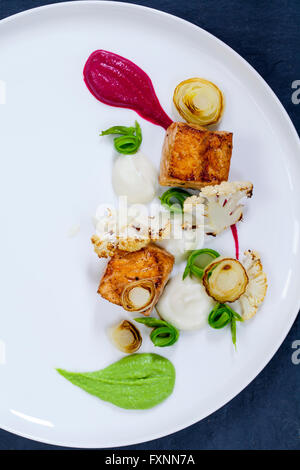 Pan fried salmon, pea puree, beetroot puree, cauliflower and asparagus ...