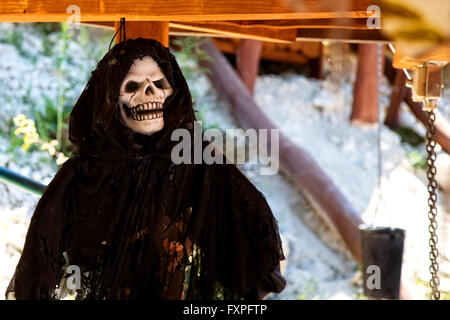 Skeleton in a black hood Stock Photo - Alamy