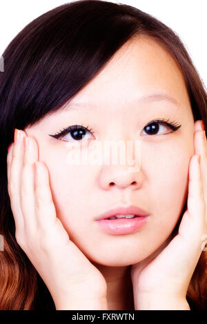 Closeup portrait of a Cute Chinese woman looking up. Isolated on white ...