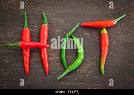chili word made from Green, yellow and red hot chili pepper on white ...