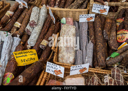 Polish sausages on traditional food market in Warsaw, Poland Stock ...