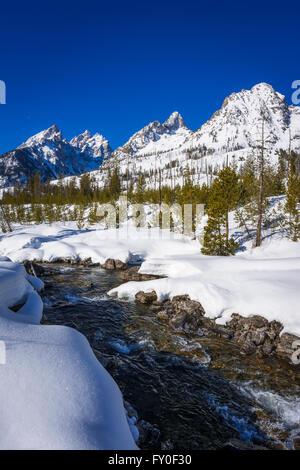 The Tetons in winter above Cottonwood Creek bridge, Grand Teton ...