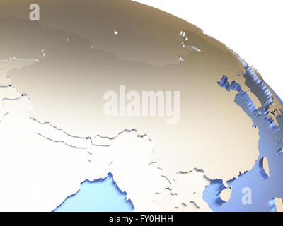 China on metallic model of planet Earth. Shiny steel continents with ...