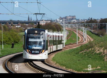Edinburgh tram on route from the city centre to the airport with ...