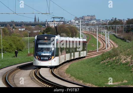 Edinburgh tram on route from the city centre to the airport with ...