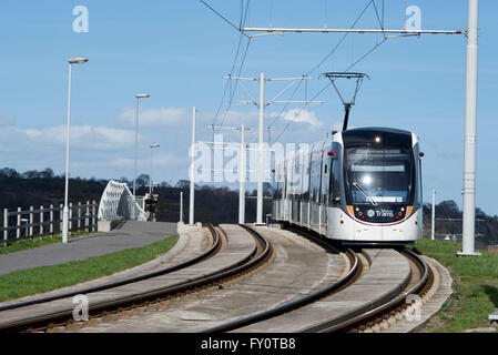 Edinburgh tram on route from the city centre to the airport with ...