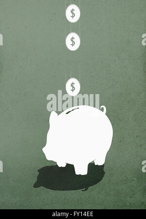 Piggy bank with falling dollar coins on red background Stock Photo - Alamy