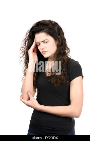 Woman winces from pain in her neck. Female office employee tries to ...