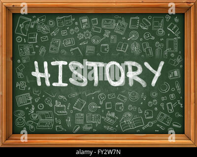 Green Chalkboard with Hand Drawn History with Doodle Icons Around. Line ...