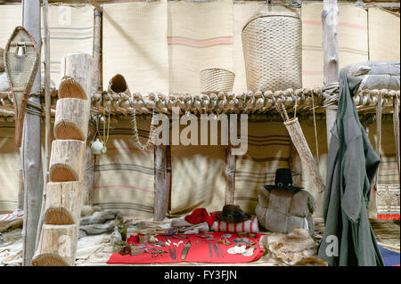 Traditional Iroquois bark longhouse interior detail Ganondagon Seneca ...
