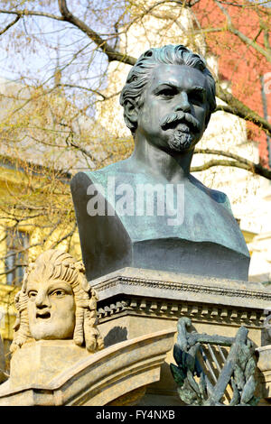 Bust of Vítezslav Hálek (1835-74) Czech poet in front of the New Town ...