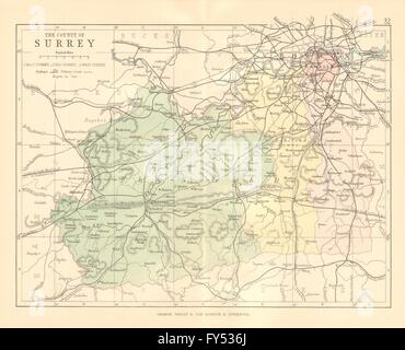 SURREY. Antique county map. Railways roads. Constituencies. London ...