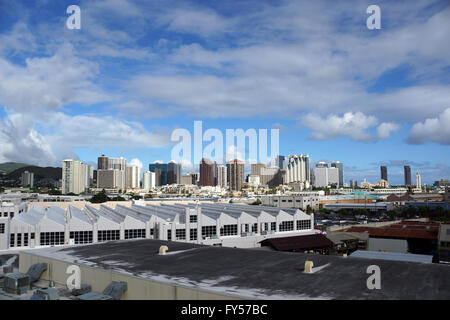 Aerial view of the Honolulu Port and downtown skyline with landmarks ...