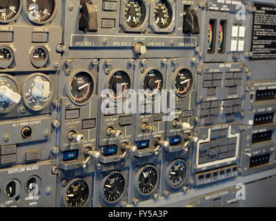 Jet aircraft cockpit Equipment with various indicators, buttons, dials ...