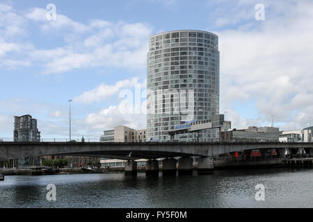 The Obel Tower behind the M3 bridge in Belfast , Northern Ireland Stock ...