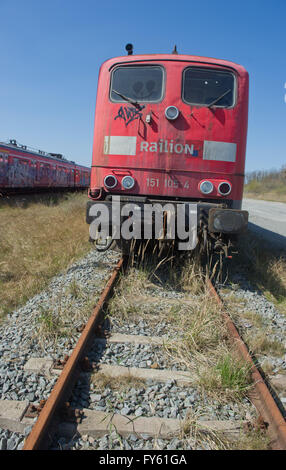 Diesel engines on holding tracks at the Deutsche Bahn grounds Sassnitz ...