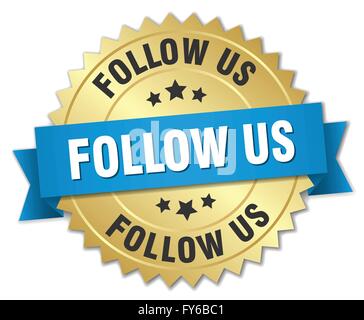 follow us round blue and gold label isolated on transparent background ...