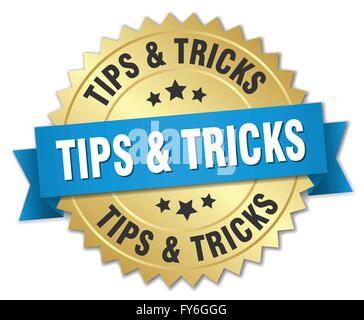 tips & tricks round blue and gold label isolated on transparent ...