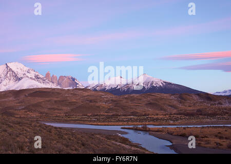 Sunrise over the granite spires that give the name to the Torres del ...