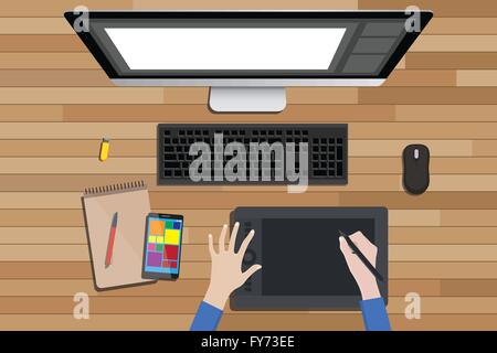 top view computer monitor drawing tablet keyboard mouse vector ...