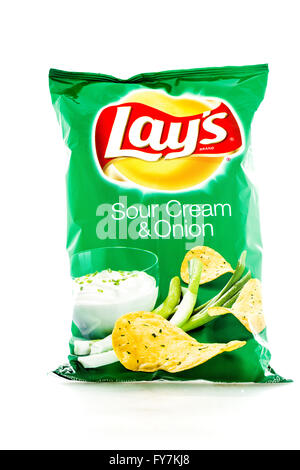 Lays sour cream and onion potato chips bag. Lays is a division of Frito ...