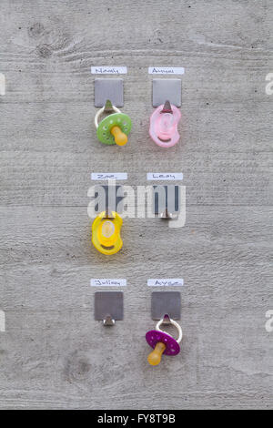 Pacifiers hanging on concrete wall with name tags Stock Photo - Alamy