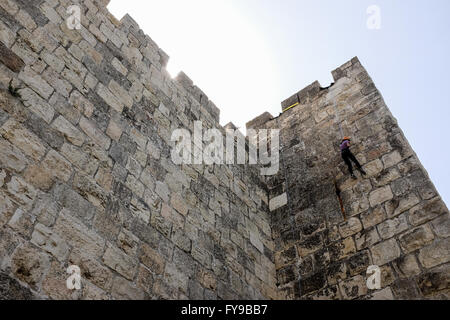 Jerusalem, Israel. 24th April, 2016. Rappelling down the Old City walls ...