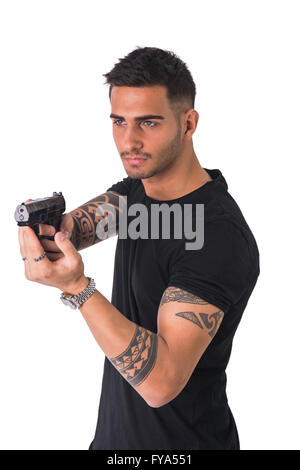 Man pointing a gun isolated on white background Stock Photo - Alamy