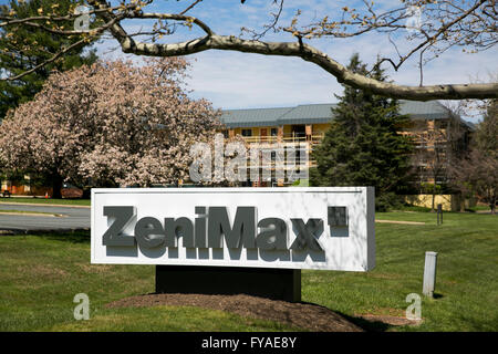 A logo sign outside of the headquarters of ZeniMax Media, parent ...